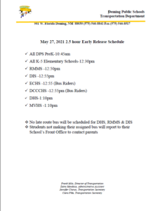 Early Release Schedule, Deming Public Schools - Columbus, New Mexico News