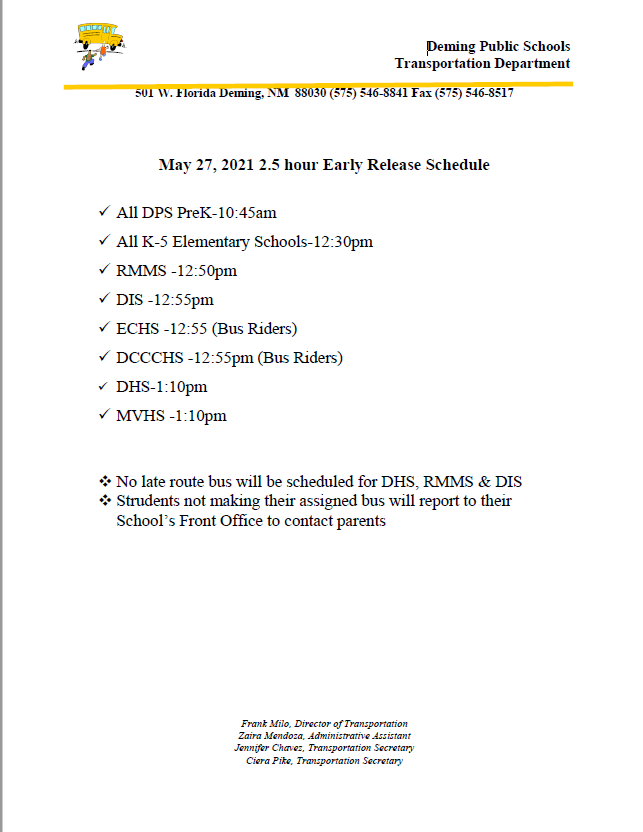 Early Release Schedule, Deming Public Schools - Columbus, New Mexico News