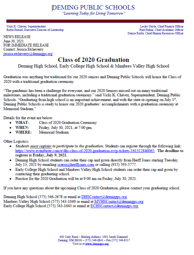 DPS: 2020 Graduation - Columbus, New Mexico News
